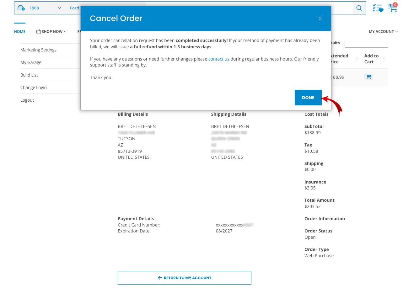 Is it possible to cancel an order on the Classic Industries website?